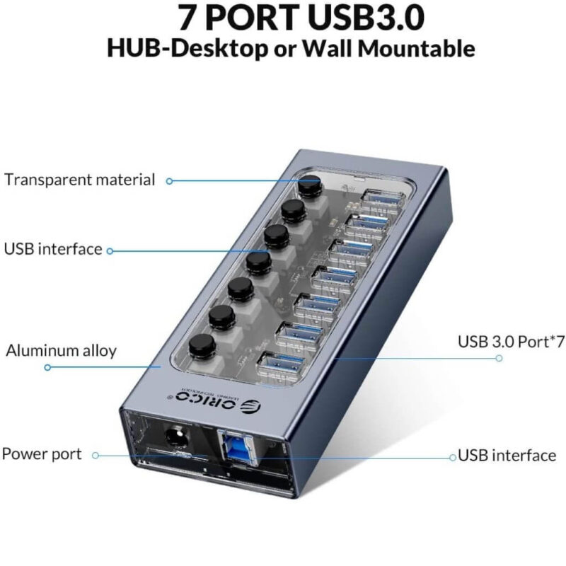 Orico 7 Ports USB 3.0 Transparent Hub With Individual Power Switches