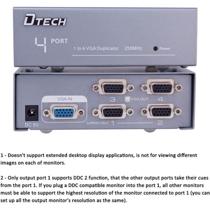 DTECH Powered 4 Port VGA Splitter Box Video Distribution Duplicator